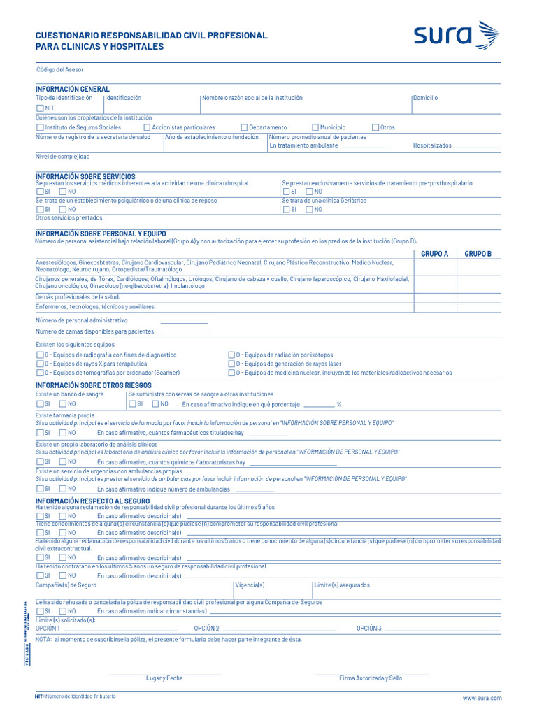 Formulario RC Clínicas y Hospitales (1) 1 | PDF | Seguro | Hospital