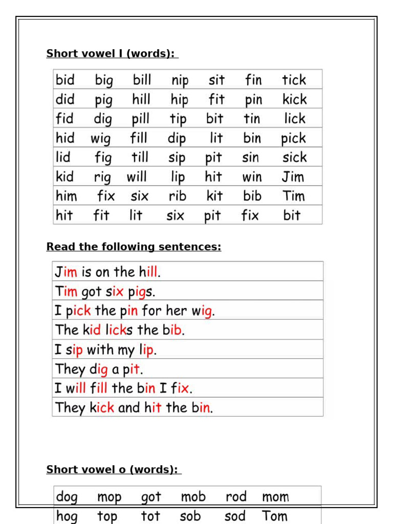 Short Vowel I - o | PDF