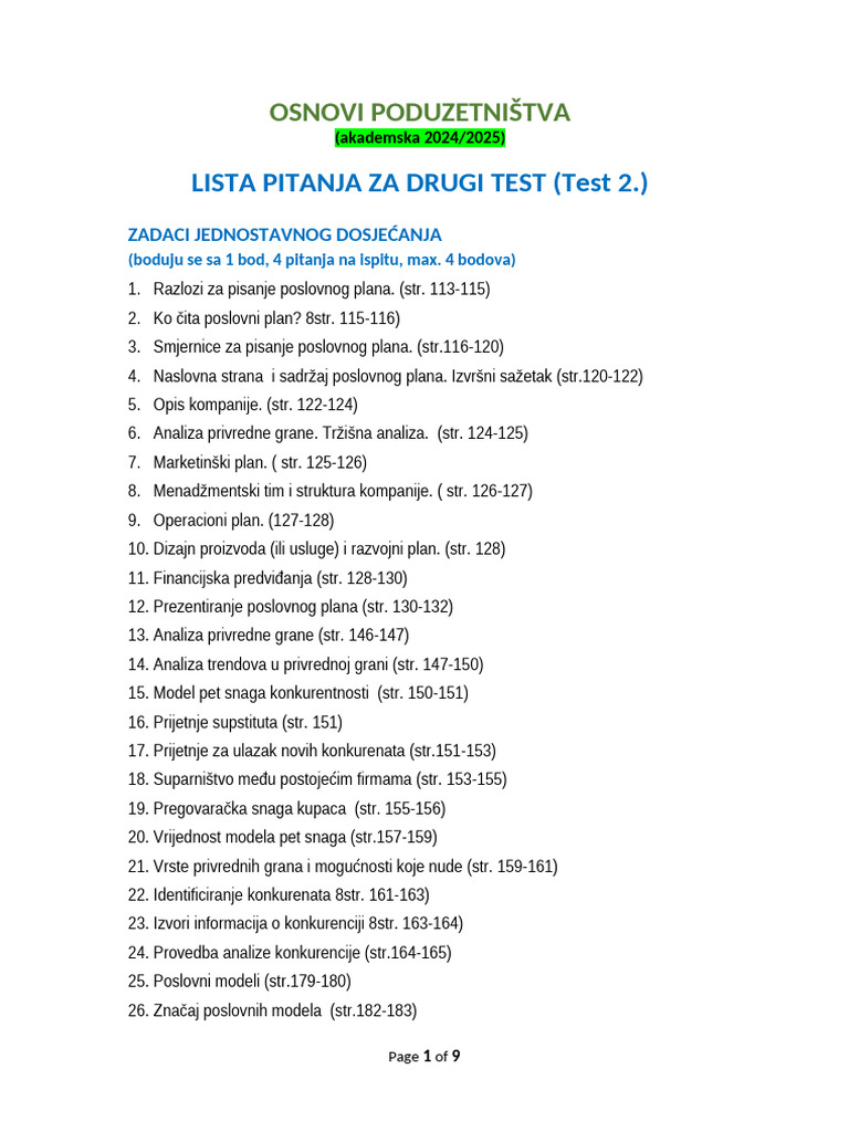 Lista Pitanja Za Drugi Test (Test 2.) : Osnovi Poduzetništva | PDF