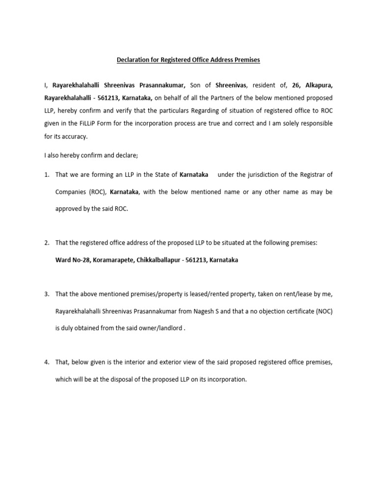 A. 06) Declaration For Registered Office Premises (For LLP) | PDF
