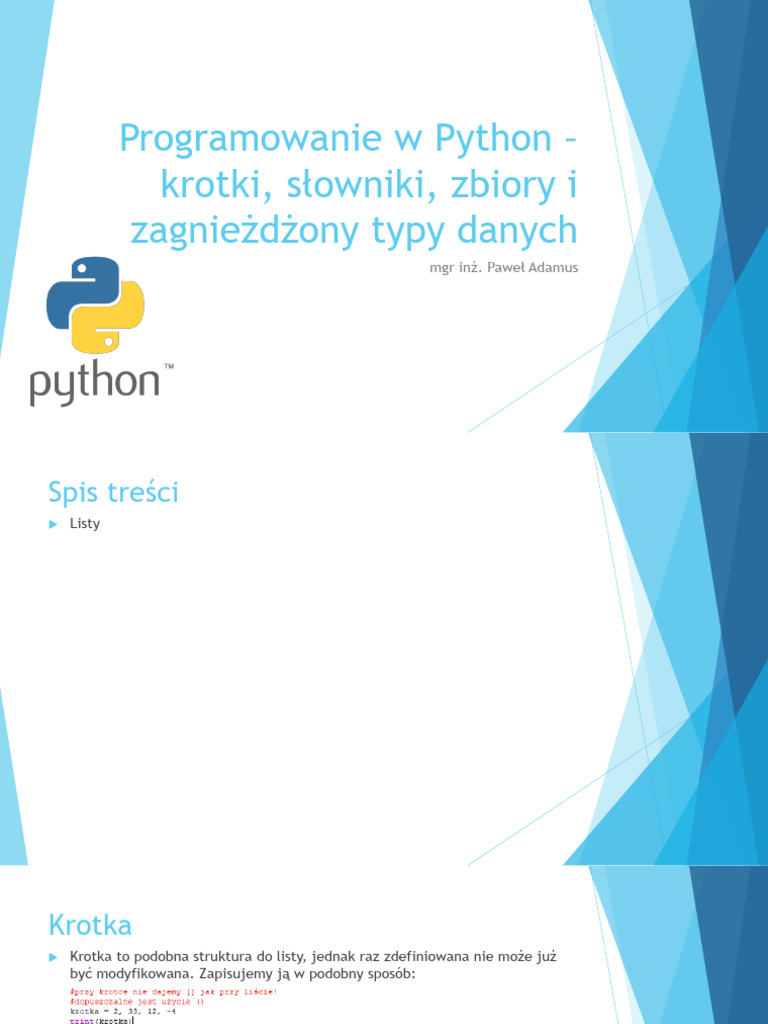Programowanie w Python - krotki, słowniki, zbiory, zagnieżdżone typy ...