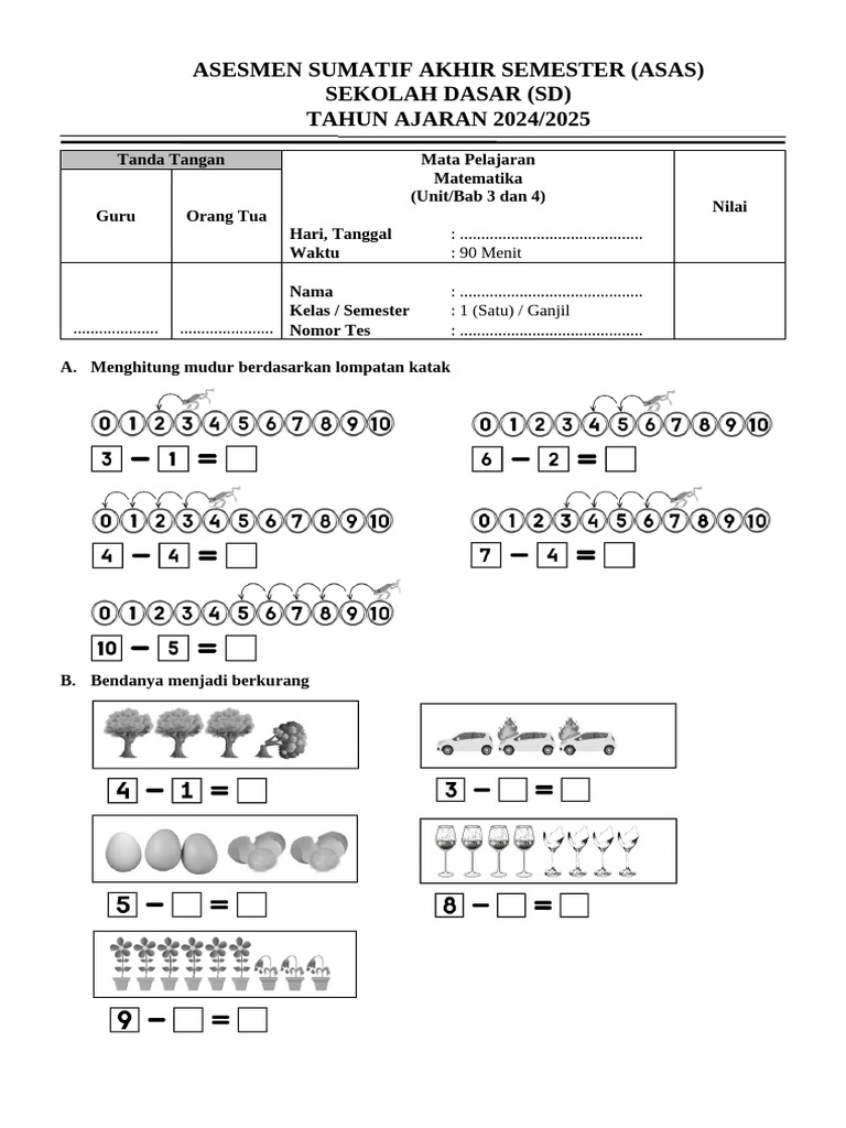 Soal Asas Matematika Kelas 1 Ganjil 2024 | PDF