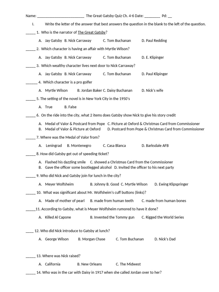 The Great Gatsby Quiz: Chapters 4-6 | PDF | The Great Gatsby