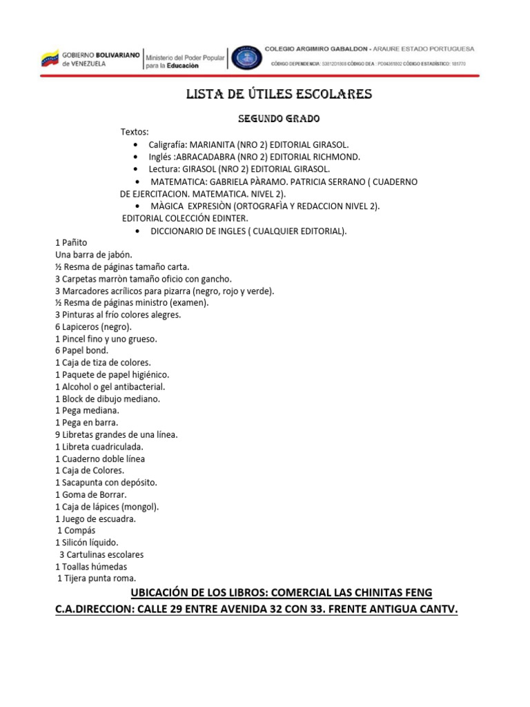 Lista de Útiles Escolares Segundo Grado 2024-2025 | PDF