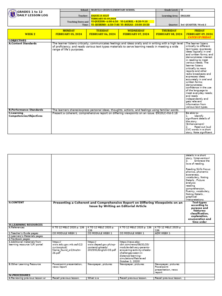 DLL_ENGLISH 6_Q3_W1 | PDF | Learning | Phonics