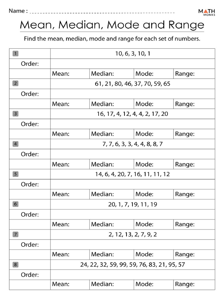 Mean Mode Median and Range Worksheet | PDF
