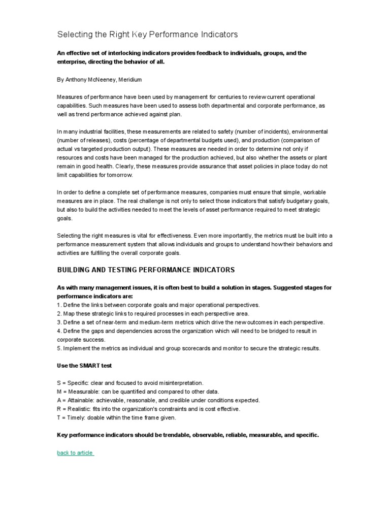 Selecting The Right Key Performance Indicators | PDF | Performance Indicator | Reliability ...