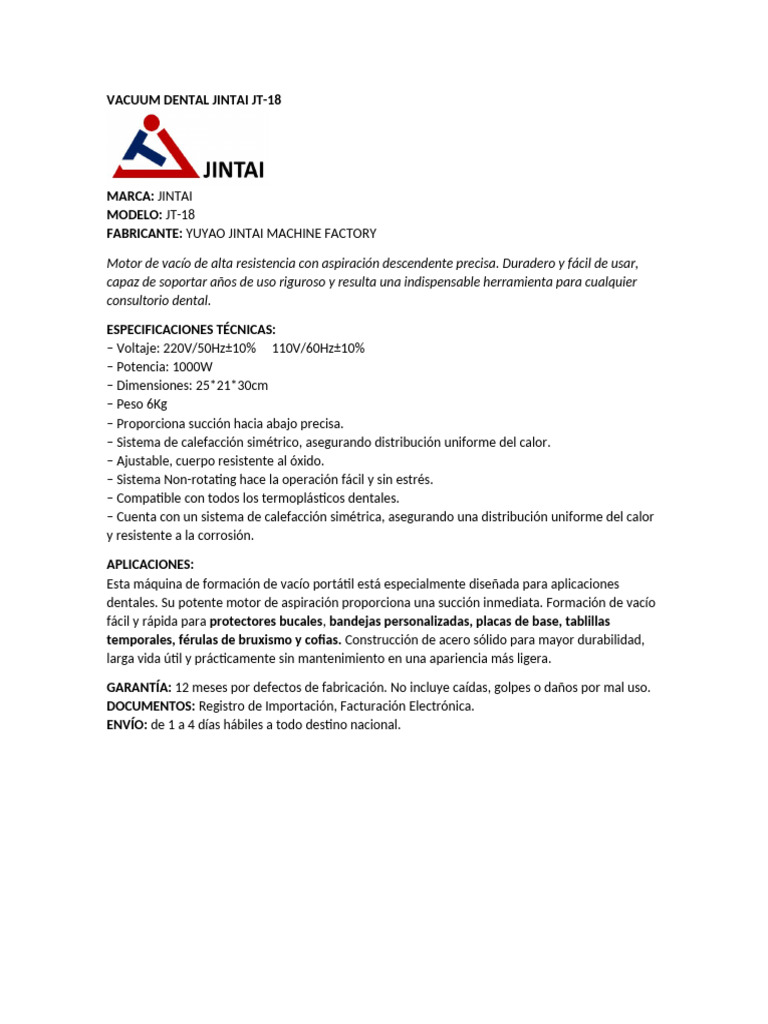 Aspiradora Dental Jintai JT-18 | PDF