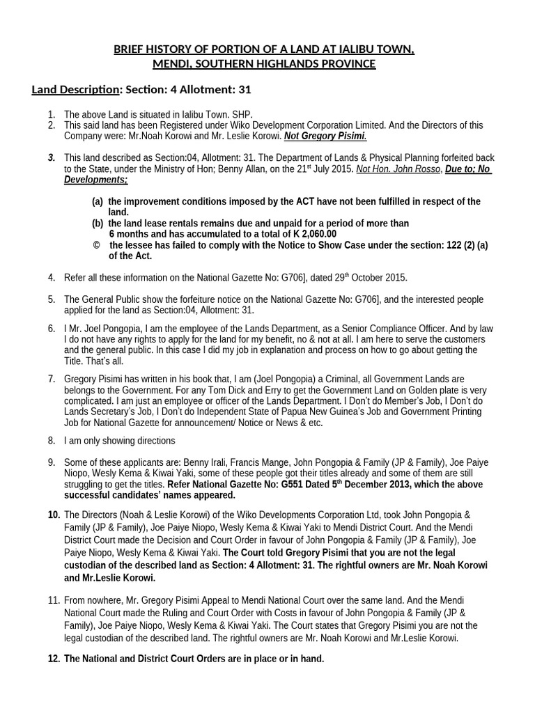 Brief History of Portion of A Land at Ialibu Town | PDF | Common Law ...
