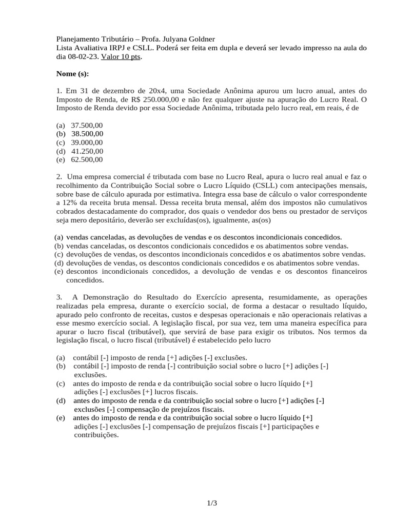Atividade Irpj e CSLL 01-02 | PDF | Impostos | Imposto de Renda