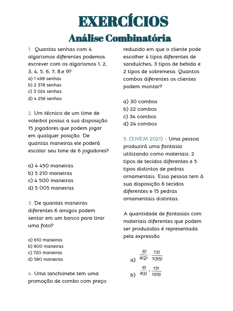 Exercícios - Análise Combinatória | PDF | Apartamento | Carro