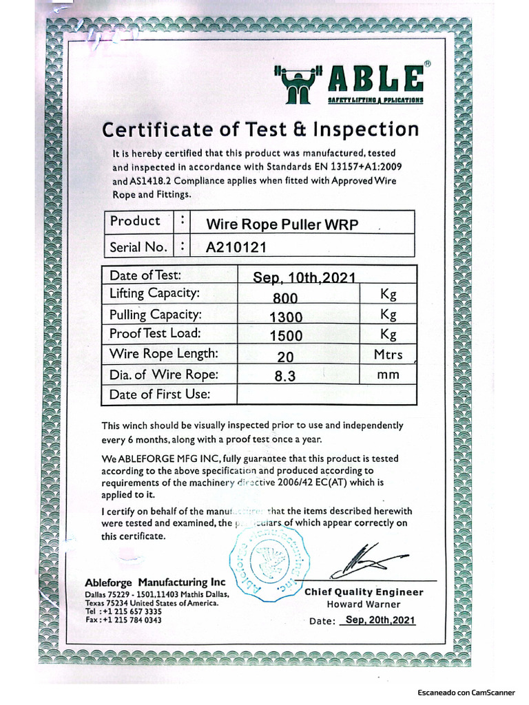 Certificado de Inspección Tecle Tilfor | PDF