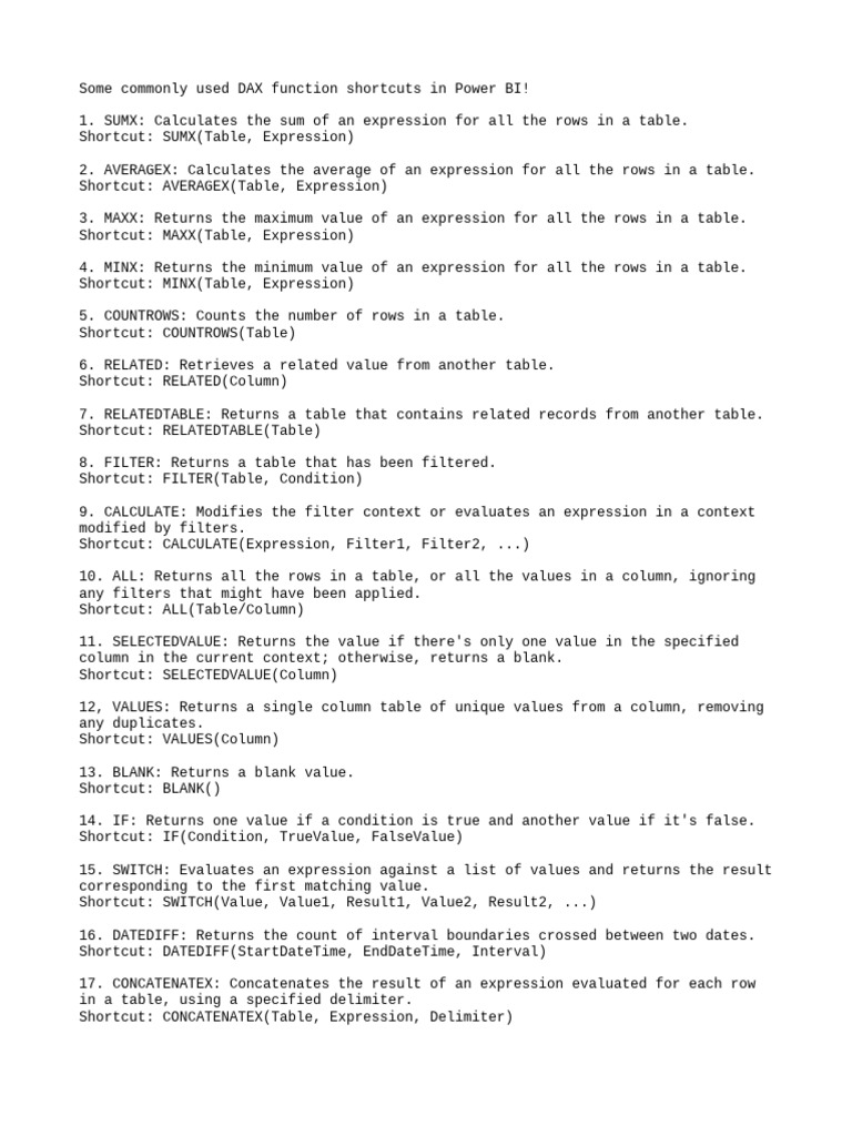 DAX Function Shortcuts in Power BI Some Commonly Used | PDF | Applied ...