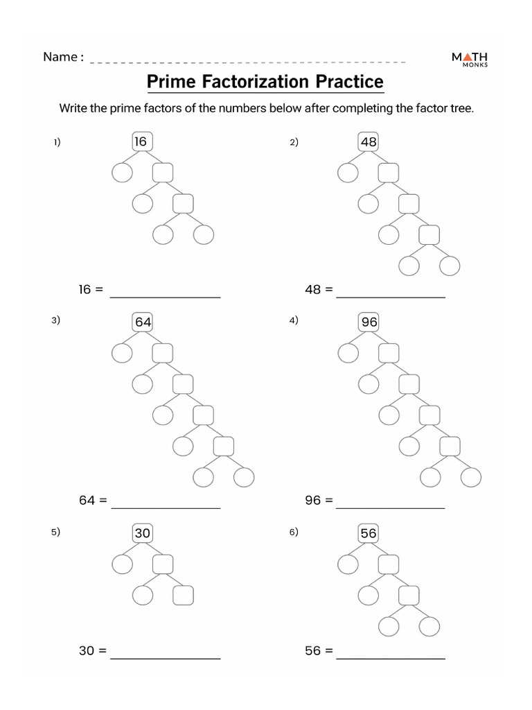 Find The Prime Factors of The Numbers Worksheet | PDF