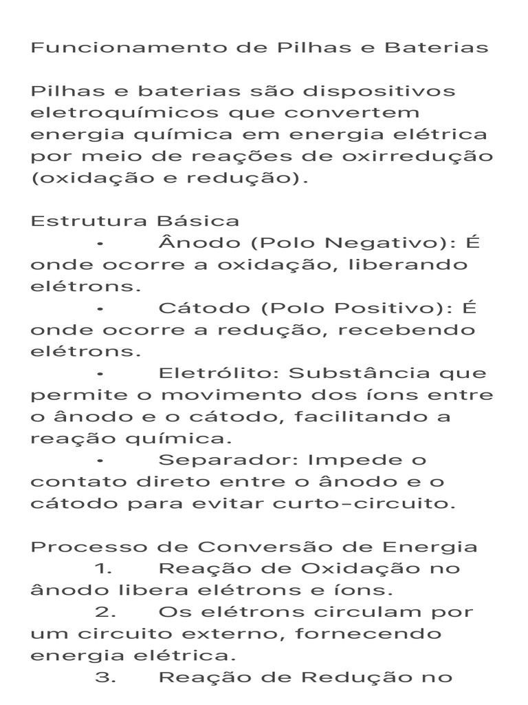 Estrutura e Funcionamento de Pilhas e Baterias | PDF