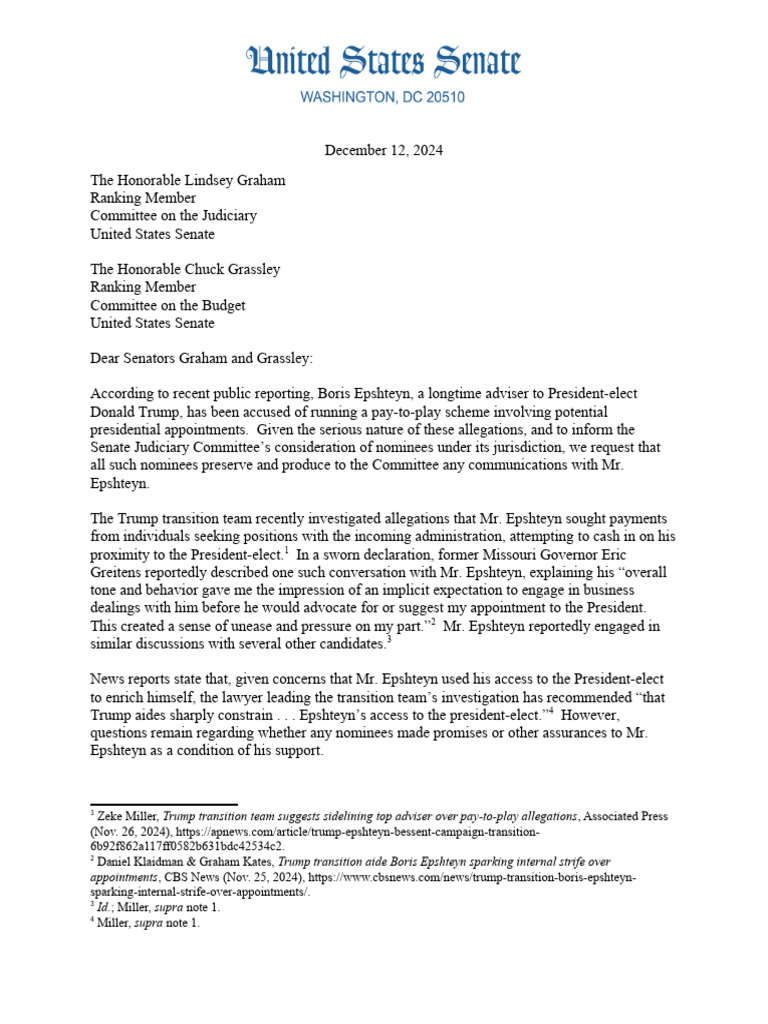 Boris Senate Letter | PDF | Chuck Grassley | United States Senate