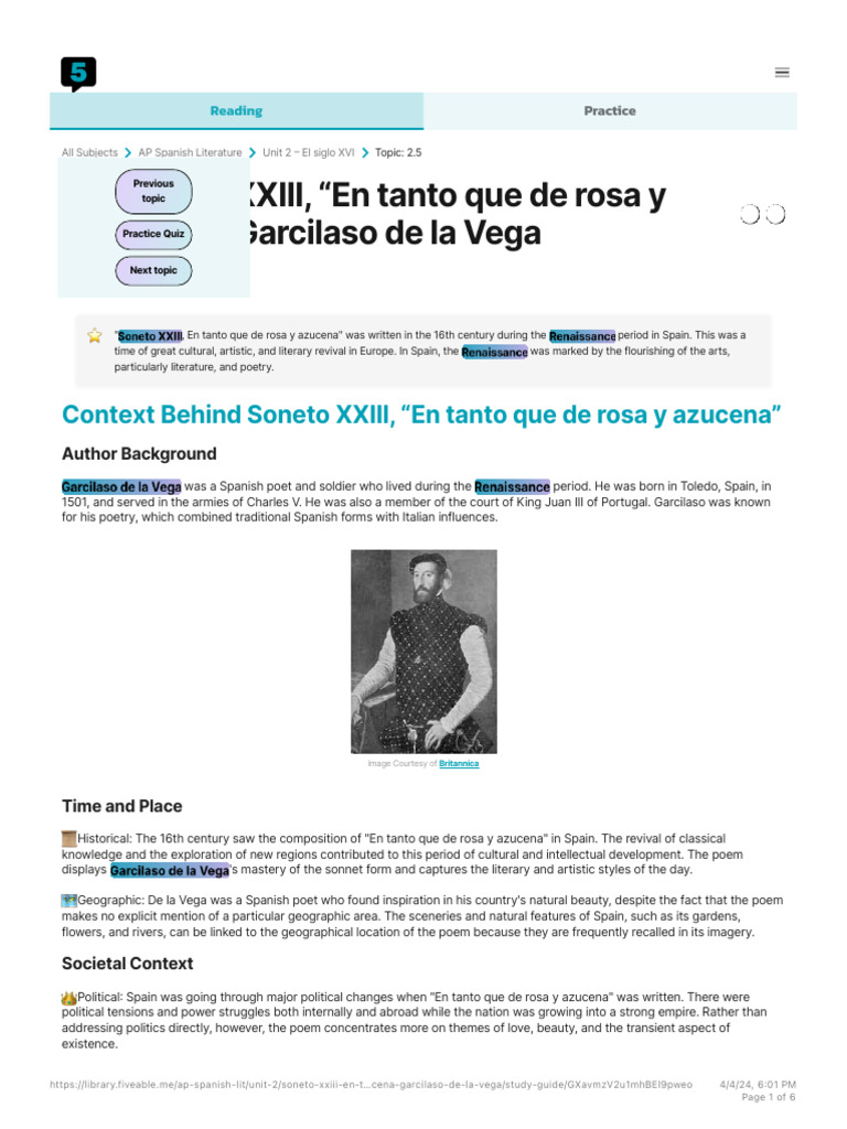 AP Spanish Literature 2024 - 2.5 Soneto XXIII, "En Tanto Que de Rosa y ...