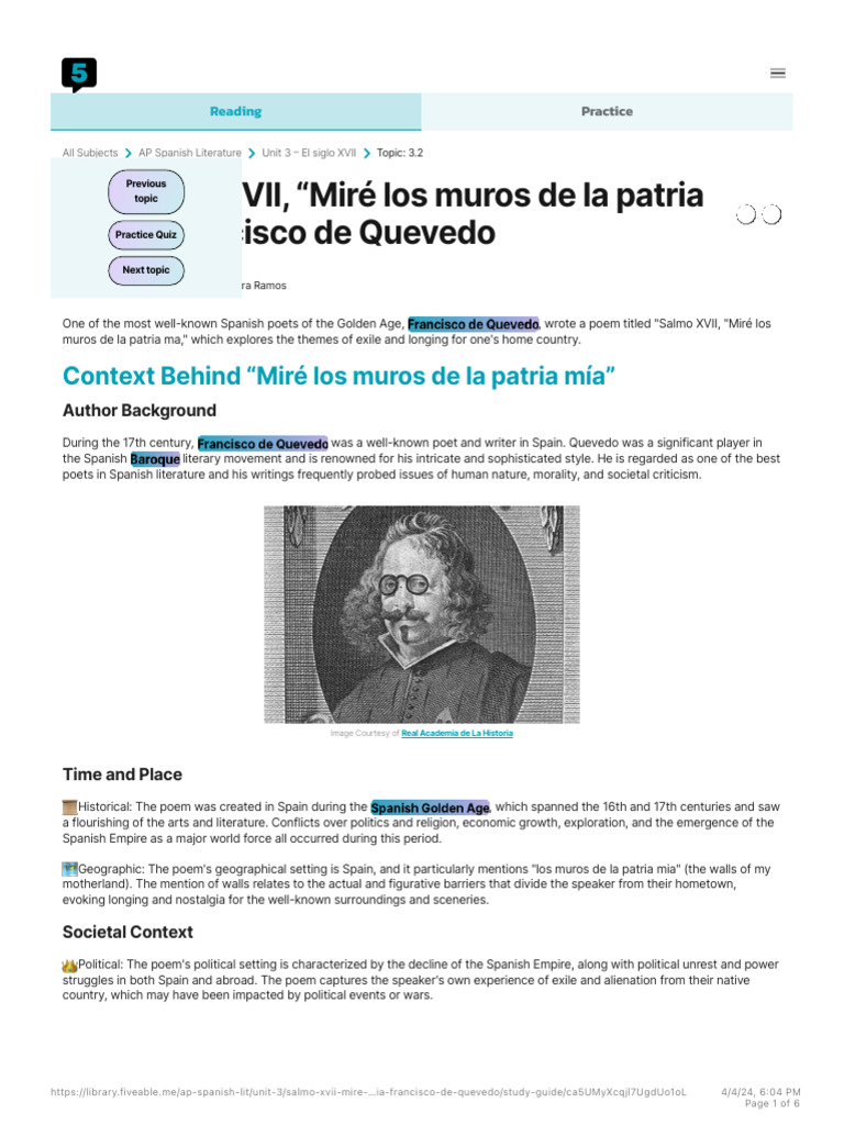 AP Spanish Literature 2024 - 3.2 Salmo XVII, "Miré Los Muros de La ...