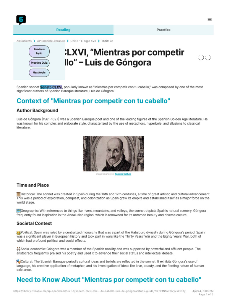 AP Spanish Literature 2024 - 3.1 Soneto CLXVI, "Mientras Por Competir ...
