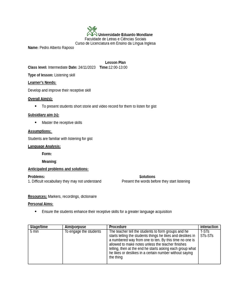 listening lesson plan | PDF | Psycholinguistics | Language Acquisition