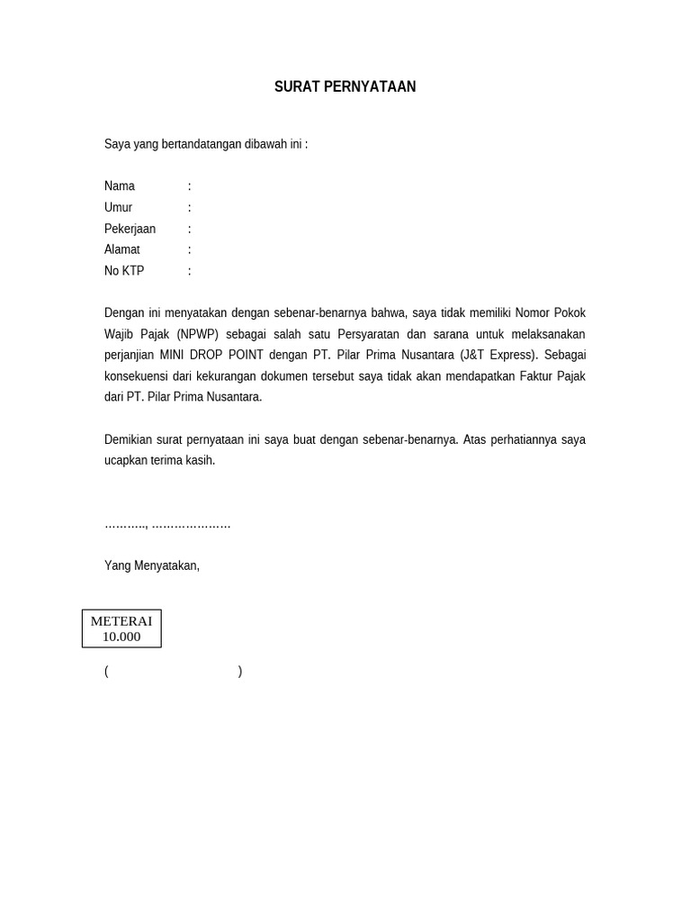 Template - Surat Pernyataan Tidak Punya Npwp Edpc[1] | PDF