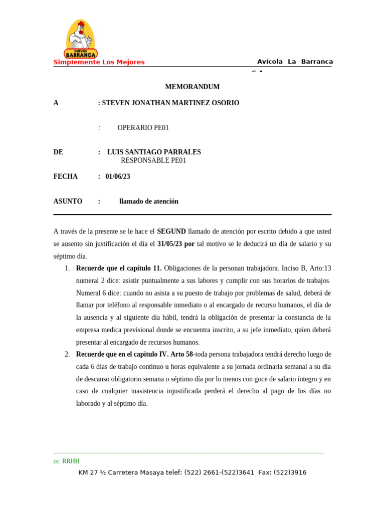 Memorandum de Llamado de Atencion.x Ausencia Injustificada.1 | PDF