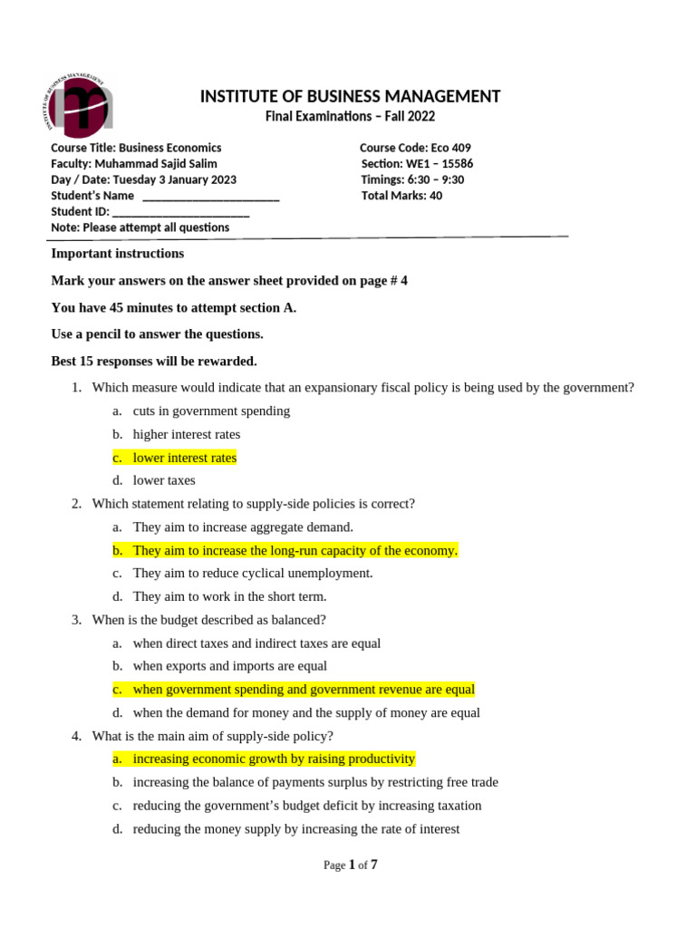 ECO 409 - Final Fall 2022 MCQs | PDF | Taxes | Government Spending
