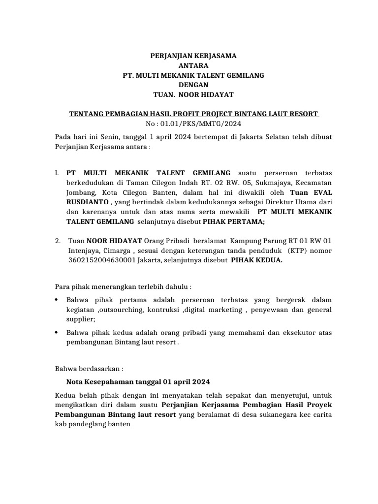 Perjanjian Kerjasama PT Perorangan | PDF