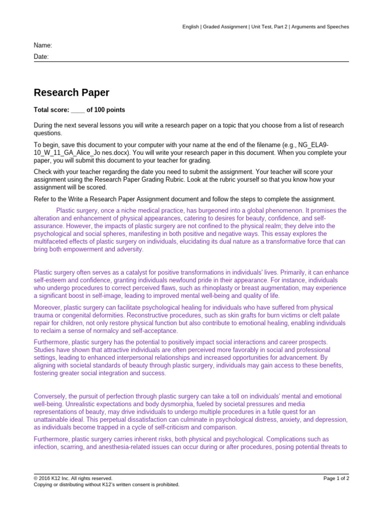 Plastic Surgery Research Paper | PDF | Plastic Surgery | Surgery