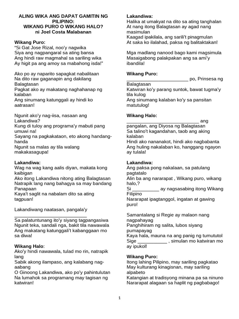 Balagtasan Aling Wika Ang Dapat Gamitin NG Pilipino | PDF