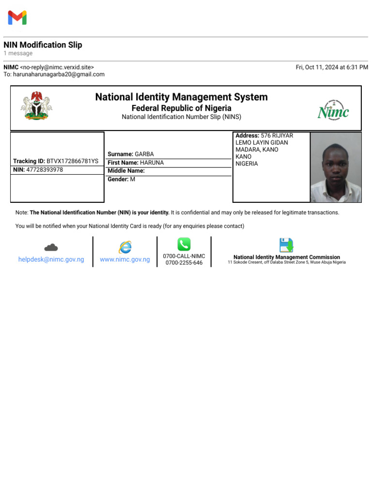 Gmail - NIN Modification Slip | PDF