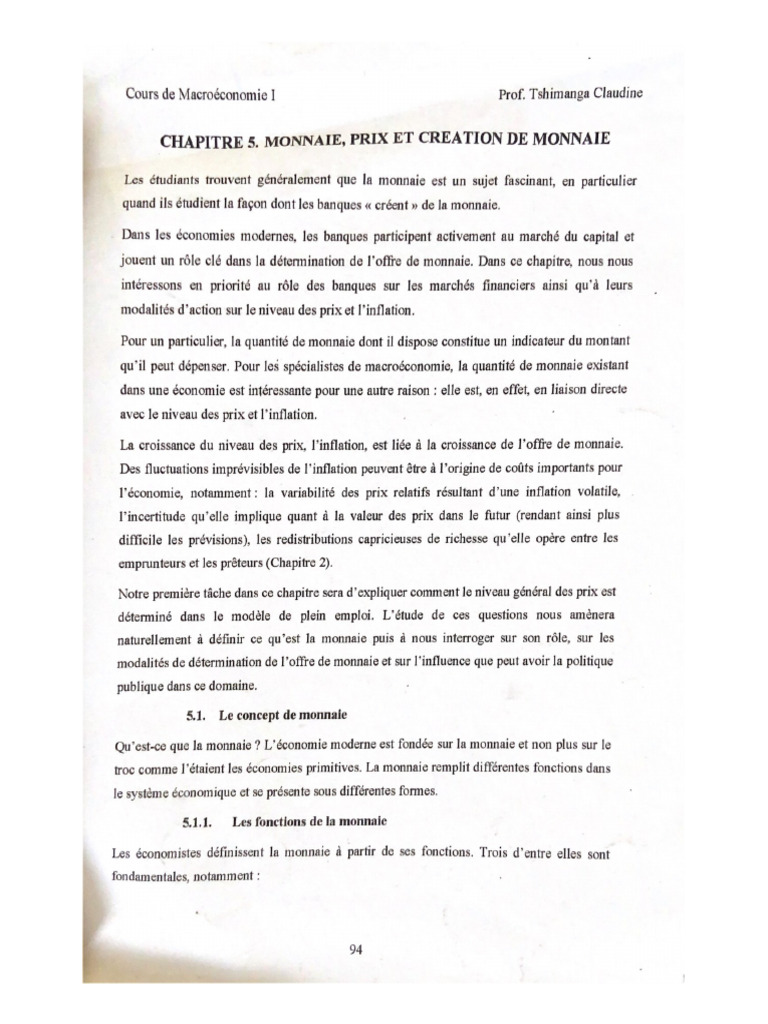 Chapitre 5. Monnaie, Prix Et Creation de Monnaie | PDF
