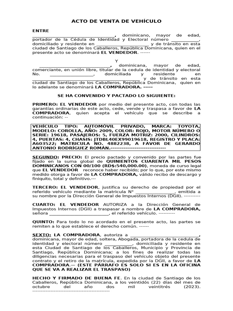 MODELO ACTO DE VENTA DE VEHÍCULO | PDF | Placa de matrícula del ...