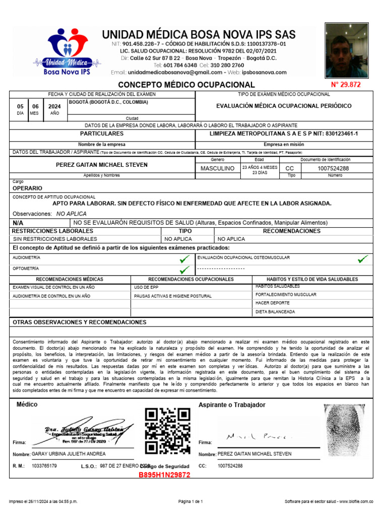 Perez Gaitan Michael Steven Concepto Médico Ocupacional | PDF | Documento de identidad