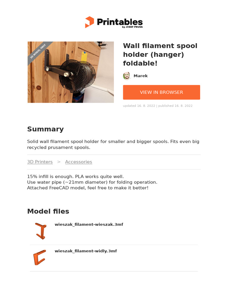 Wall Filament Spool Holder Hanger Foldable | PDF