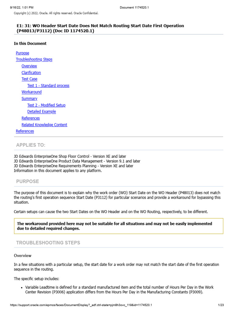 WO Header Start Date Does Not Match Routing Start Date First Operation ...
