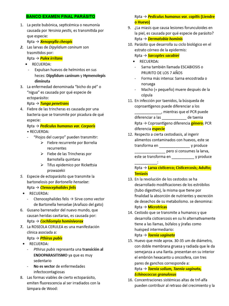 Banco Final Parasito | PDF | Parasitología | Enfermedades y trastornos