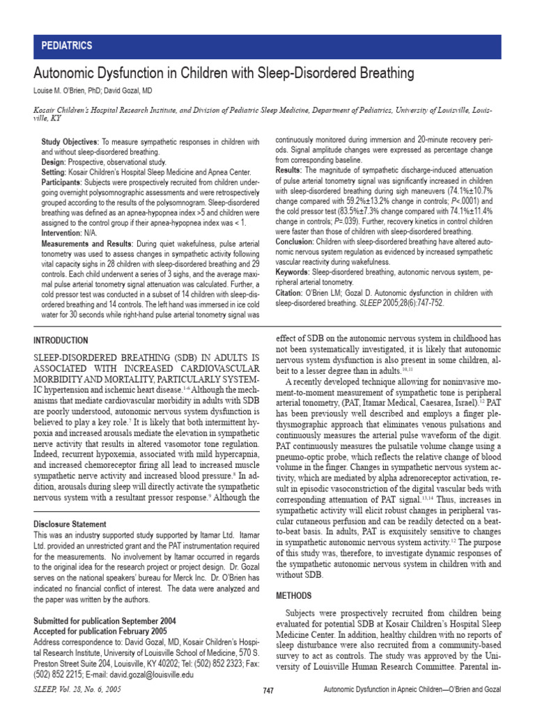 Autonomic Dysfunction in Children With S | PDF | Sleep | Medical ...