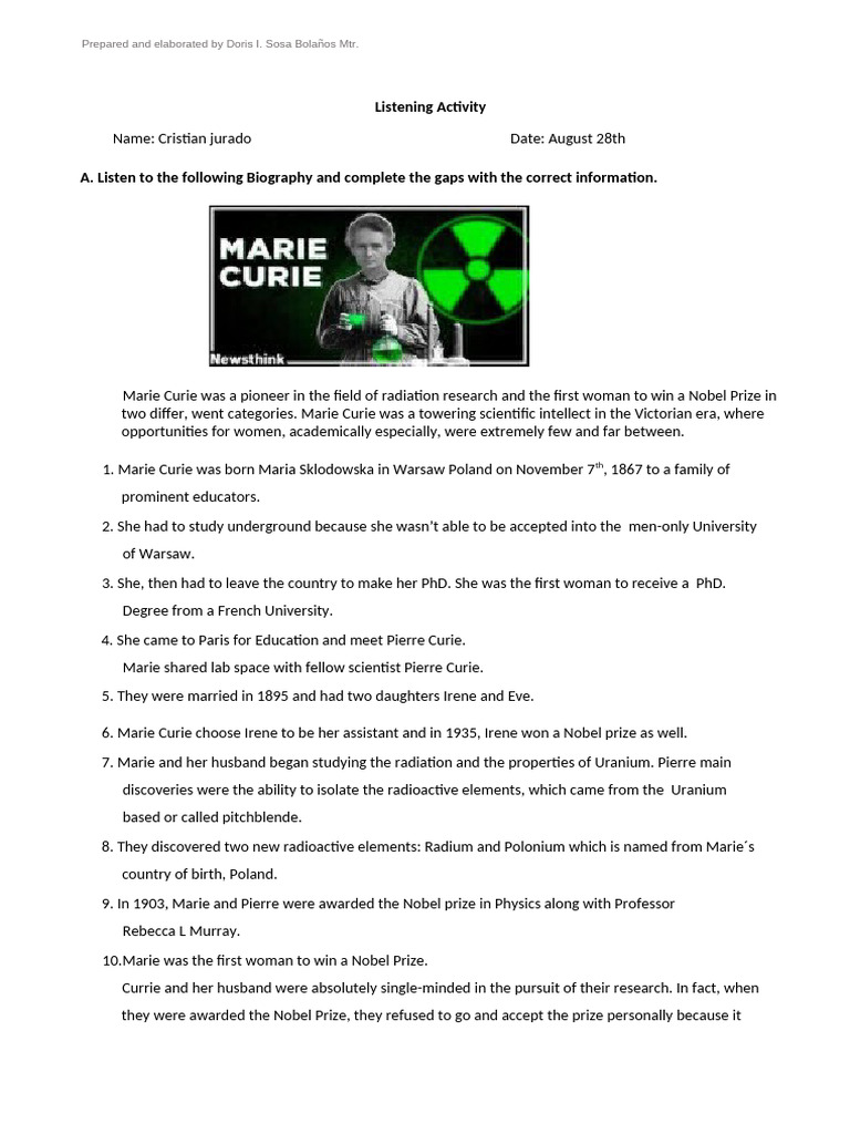 Listening Activity | PDF | Marie Curie | Nuclear Physics
