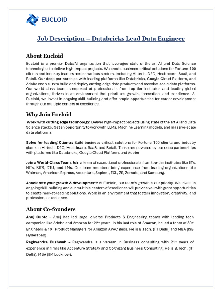 JD - Databricks Lead Data Engineer (6 Years) | PDF | Cloud Computing | Computing