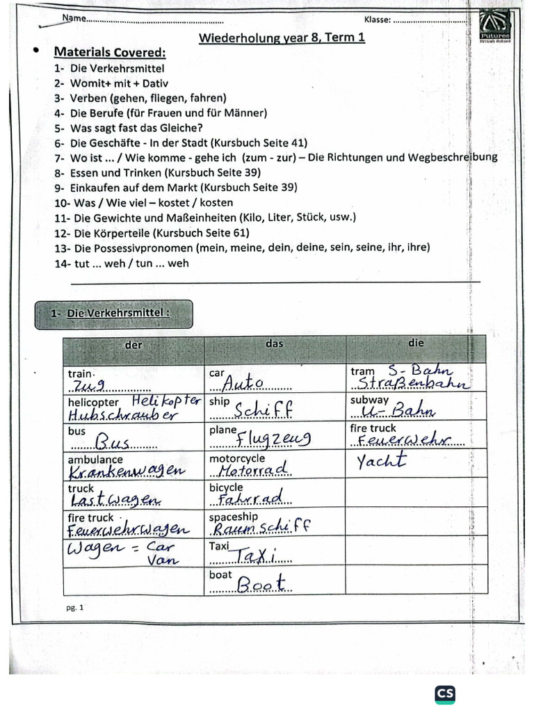 Year 8, Answer Key - German Revision Sheet | PDF