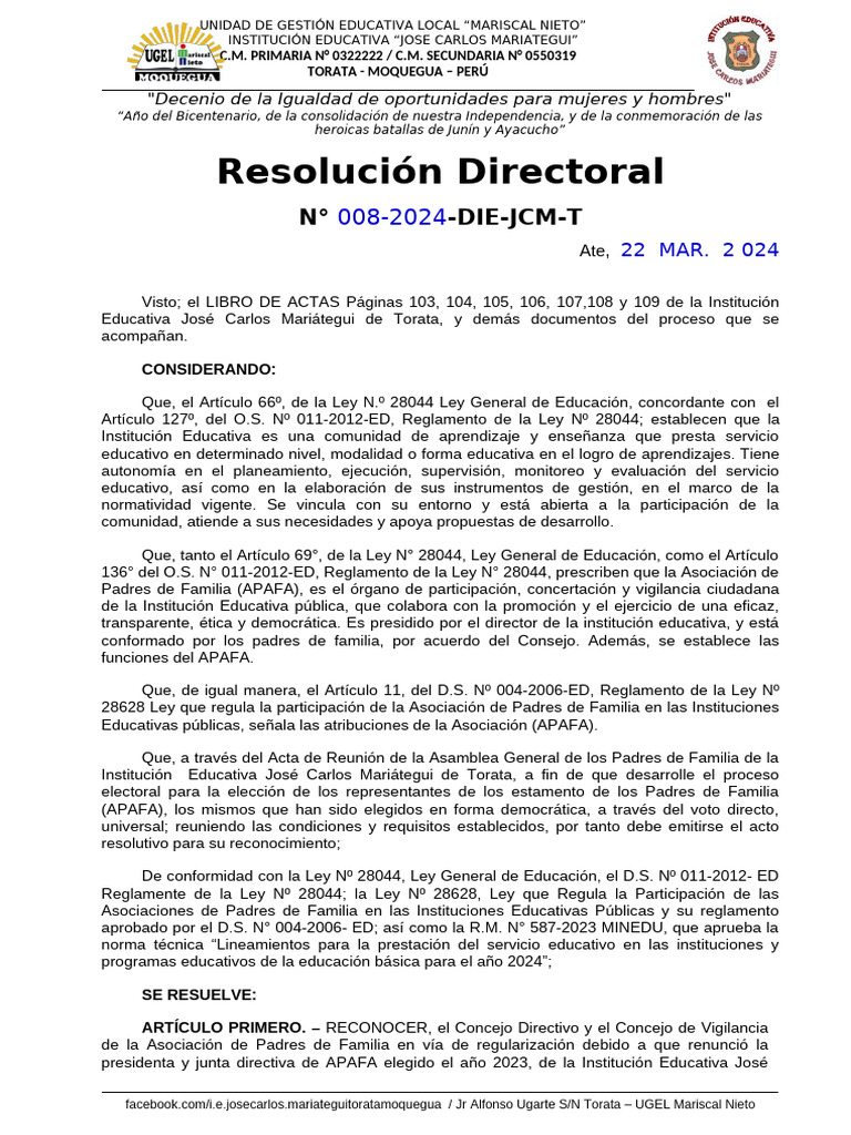 Resolucion de Reconocimiento de Apafa | PDF | Gobierno | Gobernancia