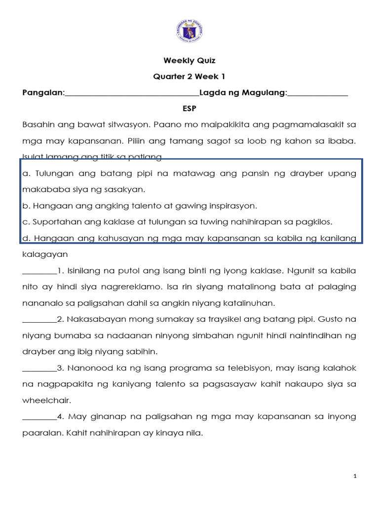 Weekly Quiz Quarter 2 Week 2 1 | PDF