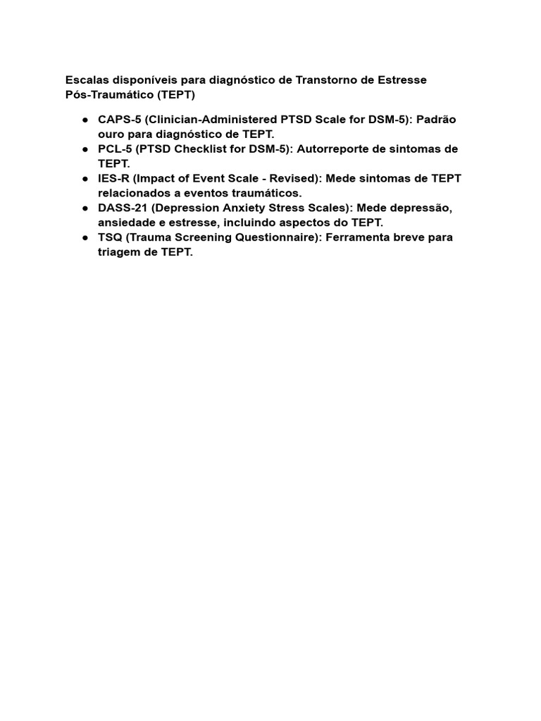 Escalas Disponíveis para Diagnóstico de Transtorno de Estresse Pós-Traumático (TEPT) | PDF