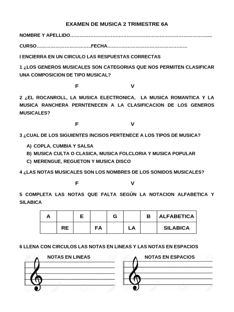 Examen de Música 2° Trimestre 6A | PDF