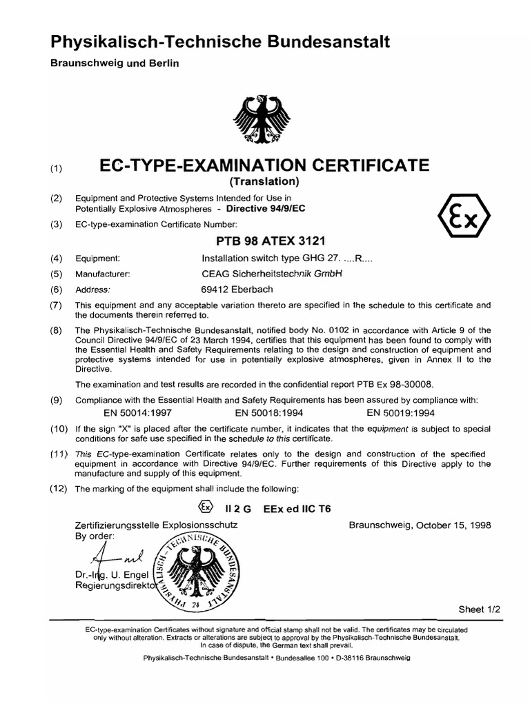PTB98ATEX3121 | PDF