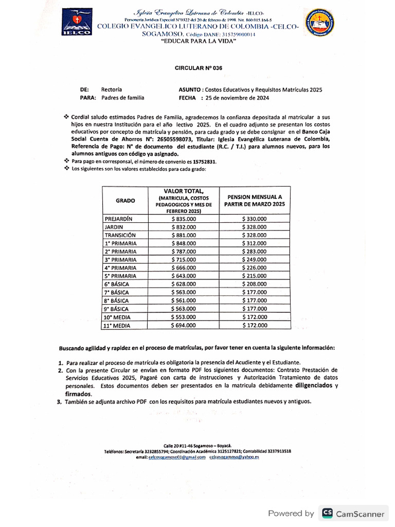 Circular N 036 Costos Educativos 2025 | PDF