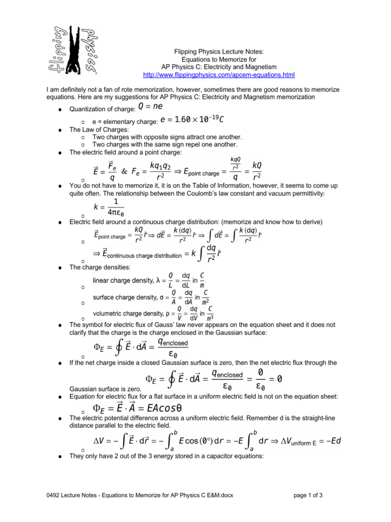 0492_lecture_notes_-_equations_to_memorize_for_ap_physics_c_e_m | PDF ...