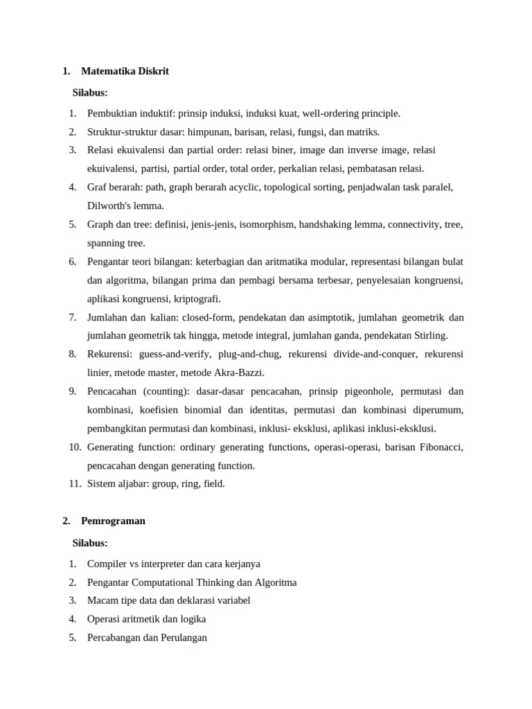 Silabus Matematika Diskrit, Pemrograman, Basis Data, dan Arsitektur Komputer | PDF
