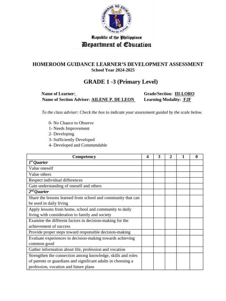 Grade 1 Homeroom Guidance Assessment | PDF | Learning | Decision Making